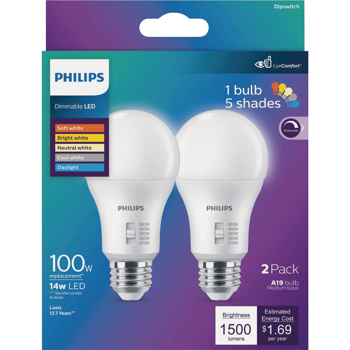 Philips 100W Equivalent 5 CCT A19 Medium Dimmable LED Light Bulb (2-Pa ...