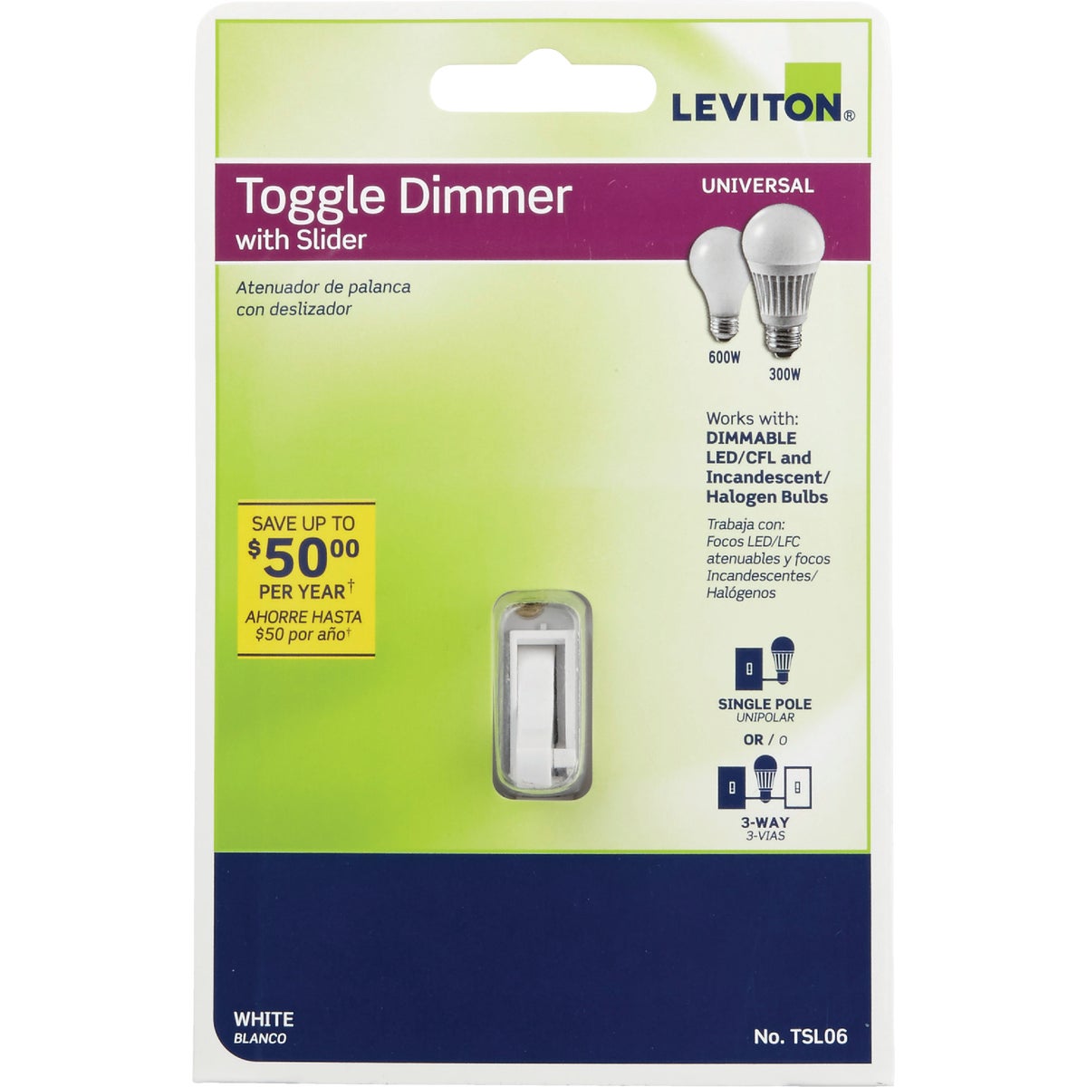 Leviton Incandescent/Halogen/LED/CFL White Slide Dimmer Switch ...