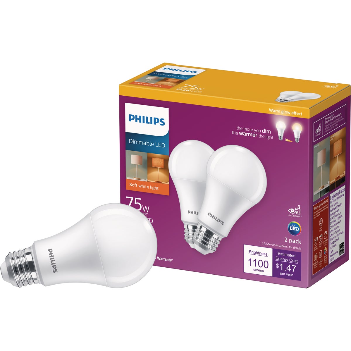 Philips 75W Equivalent Soft White A19 Medium Dimmable LED Light Bulb ...