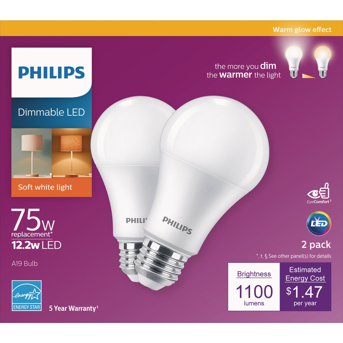 Philips 75W Equivalent Soft White A19 Medium Dimmable LED Light Bulb ...